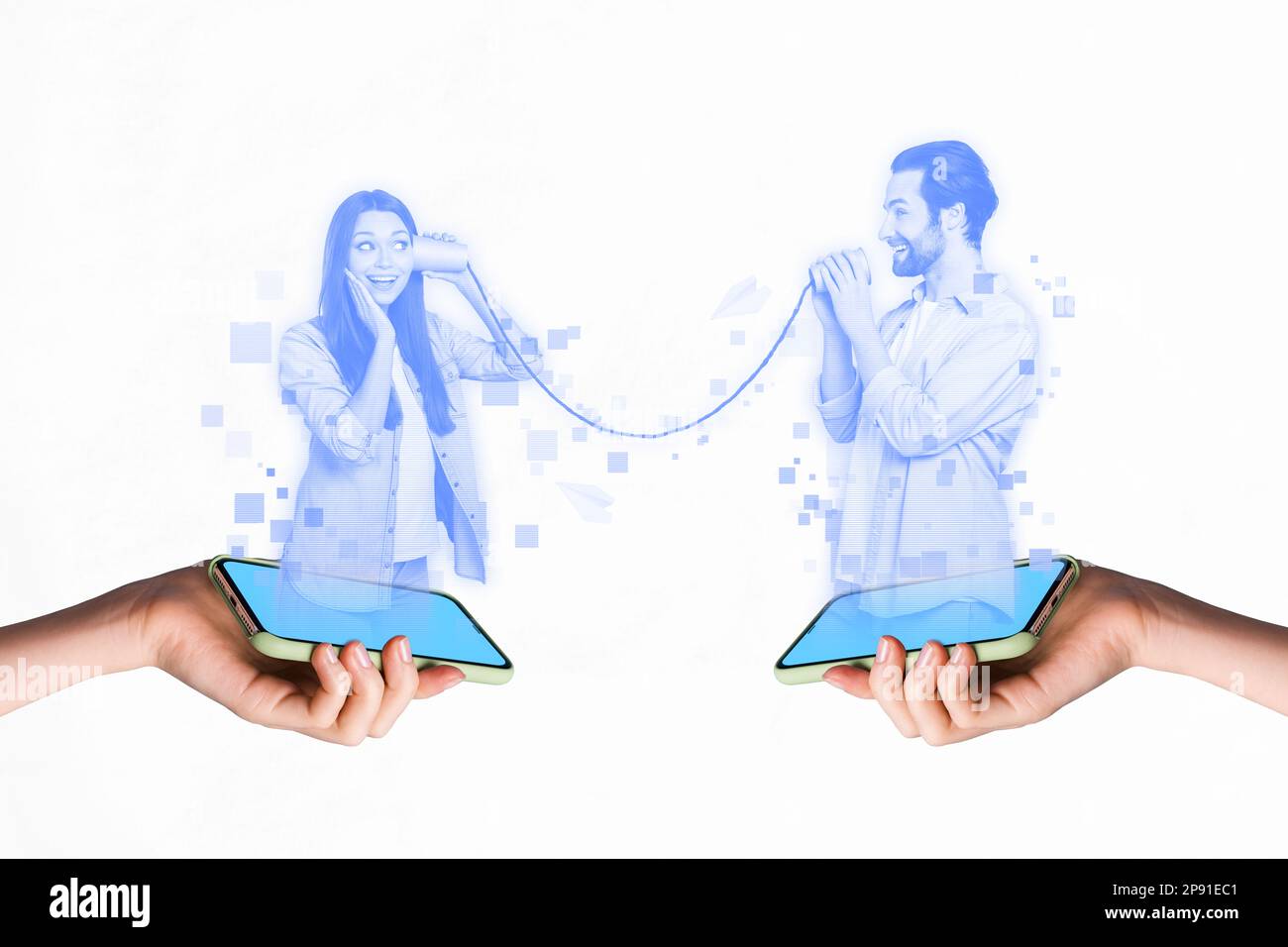 Two funny guys girl and man holograms from smartphones telling secrets ...