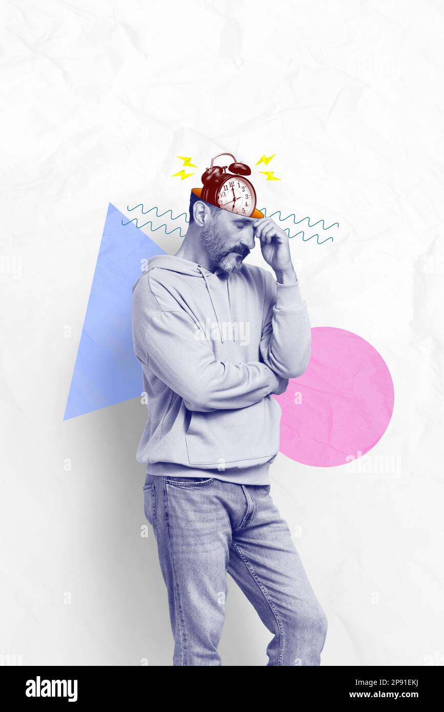 Photo collage artwork minimal picture of stressed depressed guy clock ...