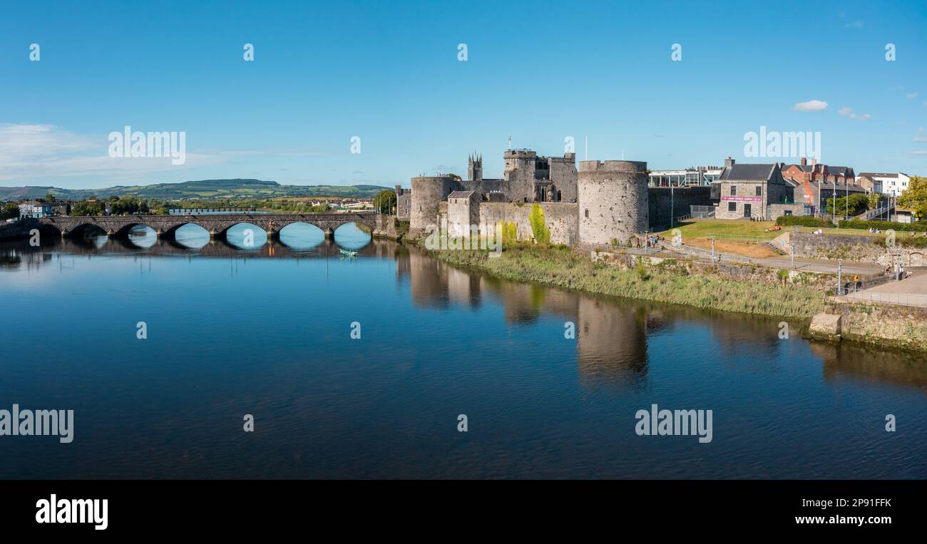 Aerial view of Limerick city center with Shannon river in the middle ...