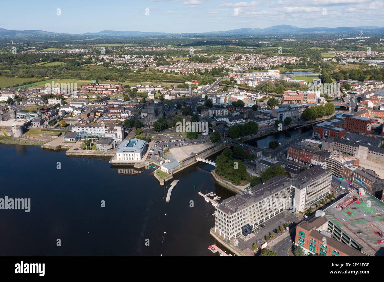 Aerial view of Limerick city center with Shannon river in the middle ...