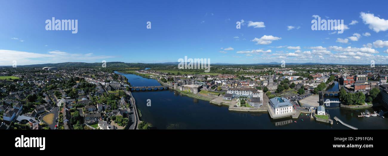 Aerial view of Limerick city center with Shannon river in the middle ...