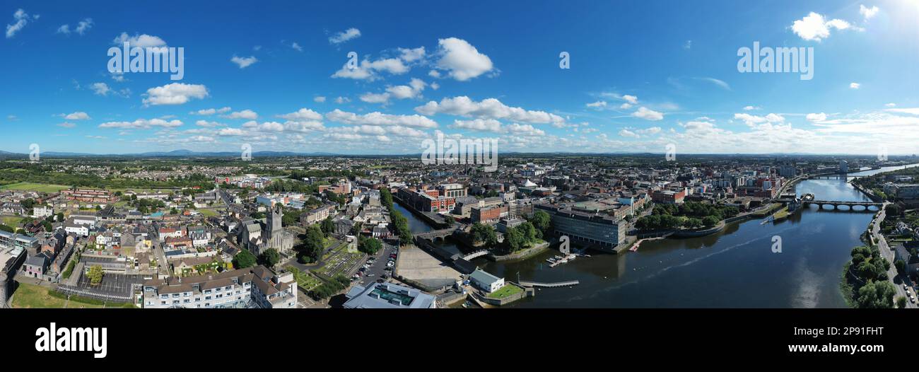 Aerial view of Limerick city center with Shannon river in the middle ...