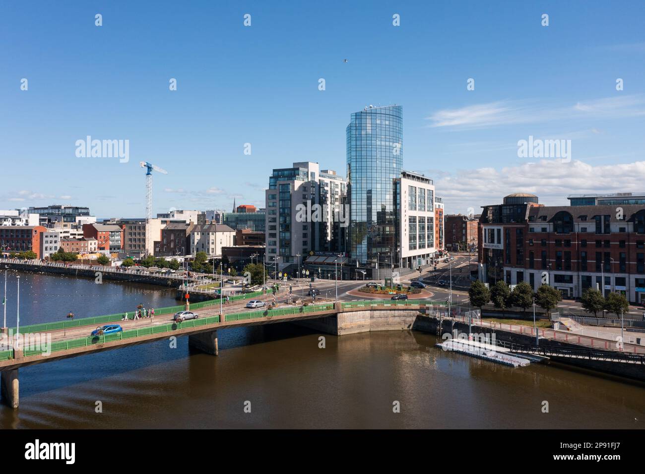Aerial view of Limerick city center with Shannon river in the middle ...