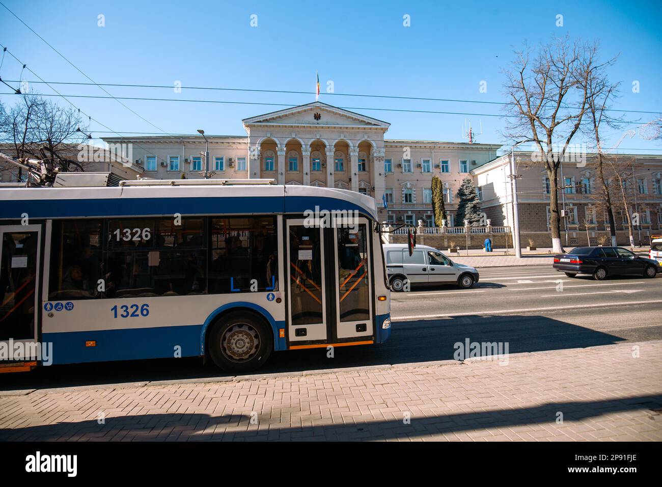 Chisinau, Moldova - March 10, 2023: A trolleybus is circulating in ...
