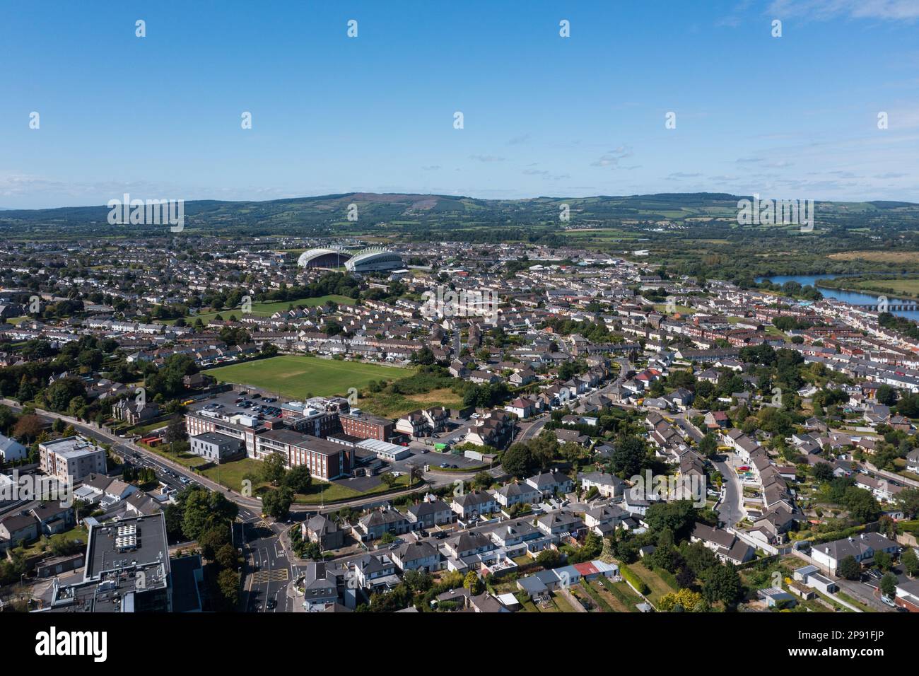 Aerial view of Limerick city center with Shannon river in the middle ...