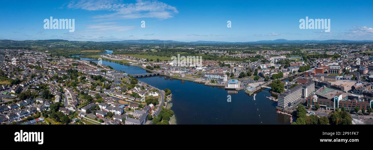 Aerial view of Limerick city center with Shannon river in the middle ...