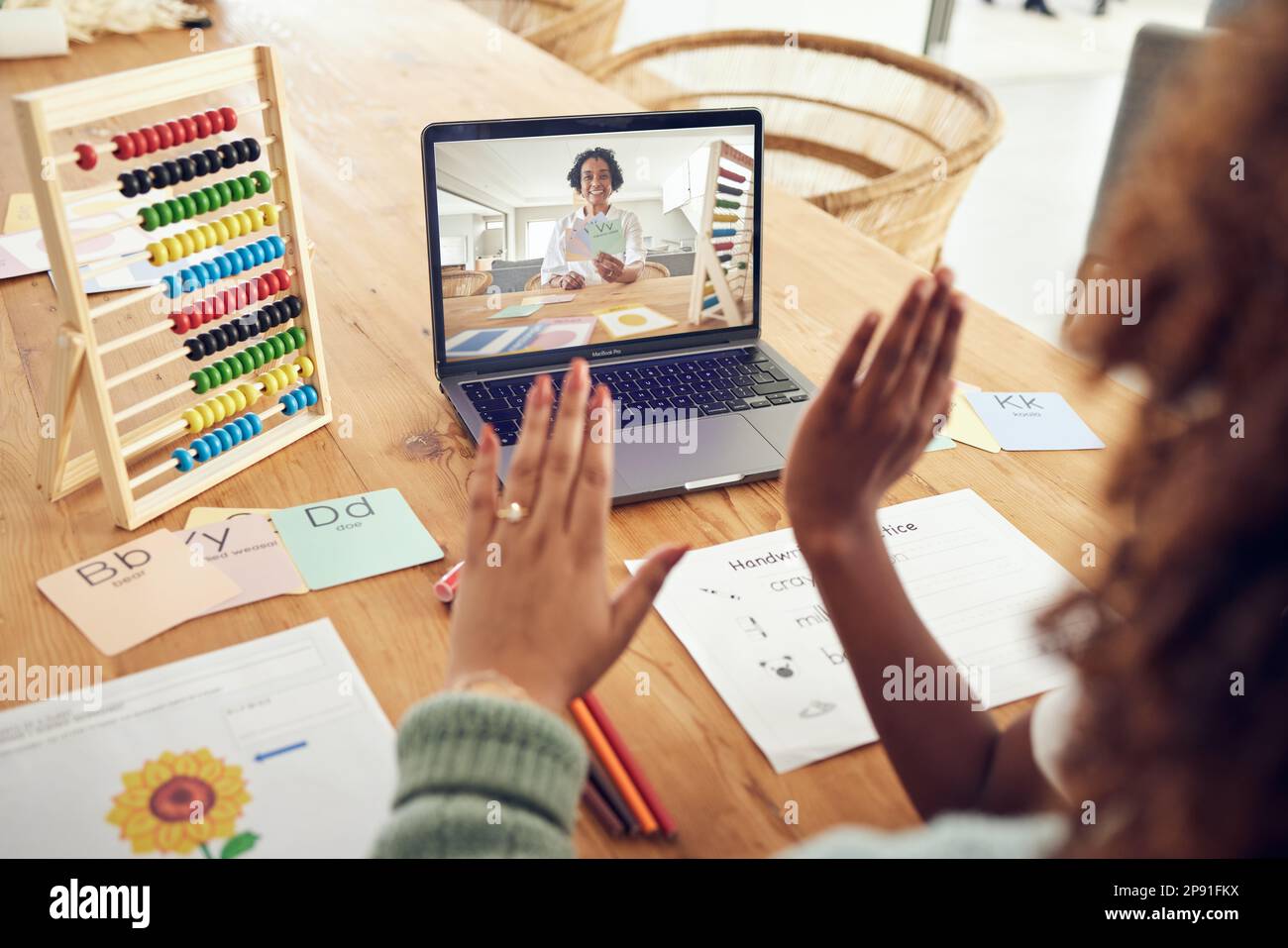 Laptop screen, learning and family in online class for language ...
