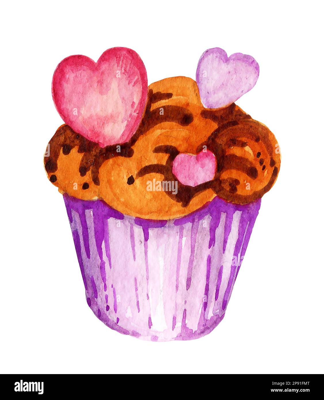 Watercolour cupcake, hand draw illustration, sketch of muffin. Pink and ...