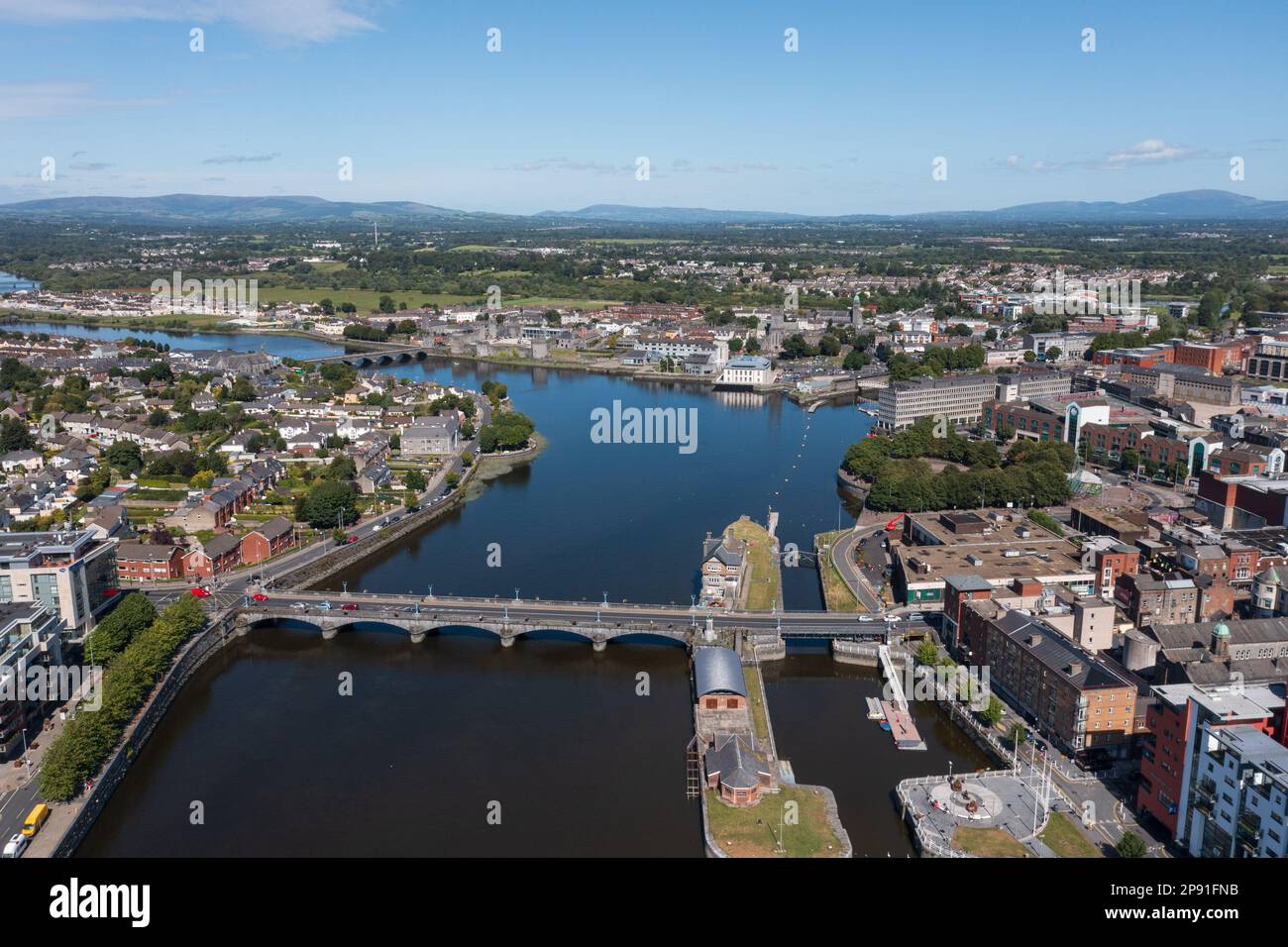 Aerial view of Limerick city center with Shannon river in the middle ...