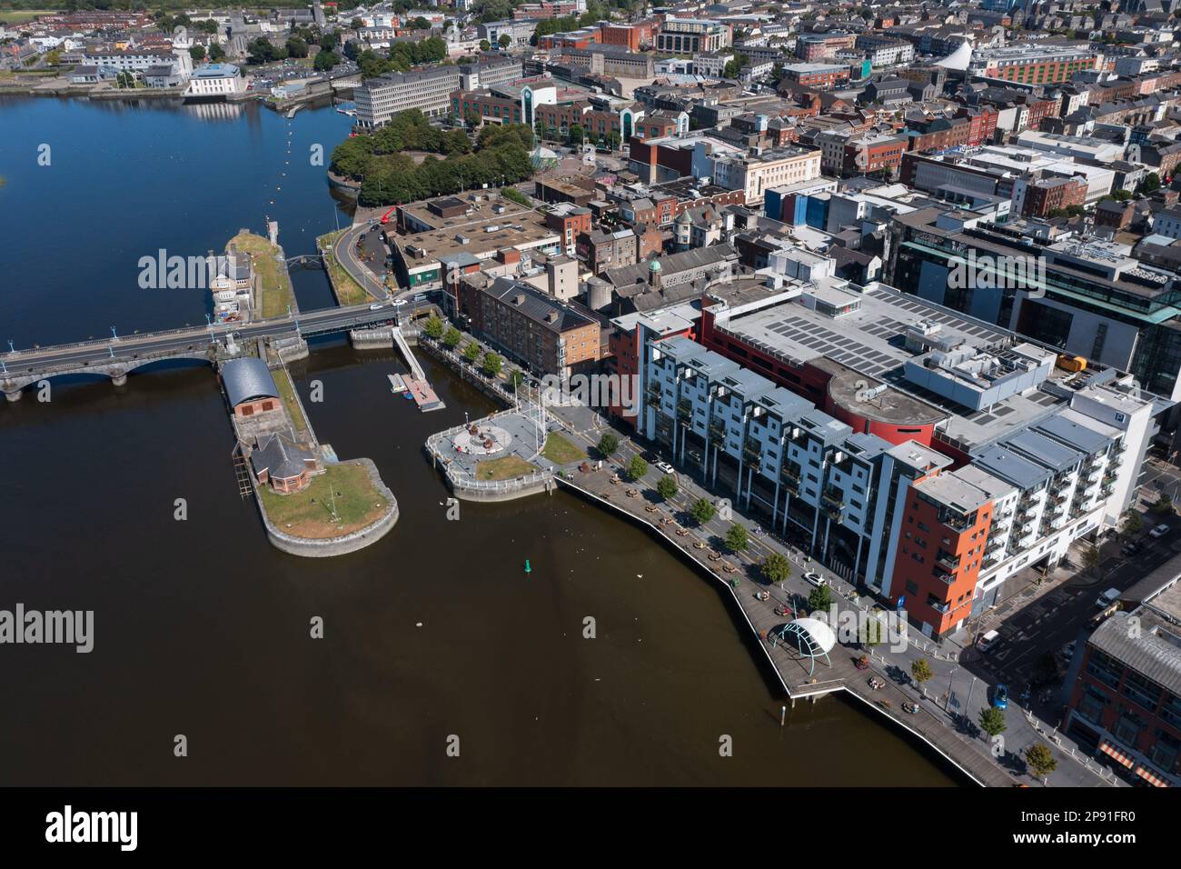 Aerial view of Limerick city center with Shannon river in the middle ...