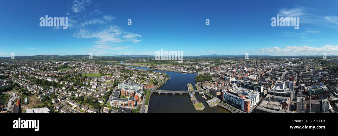 Aerial view of Limerick city center with Shannon river in the middle ...
