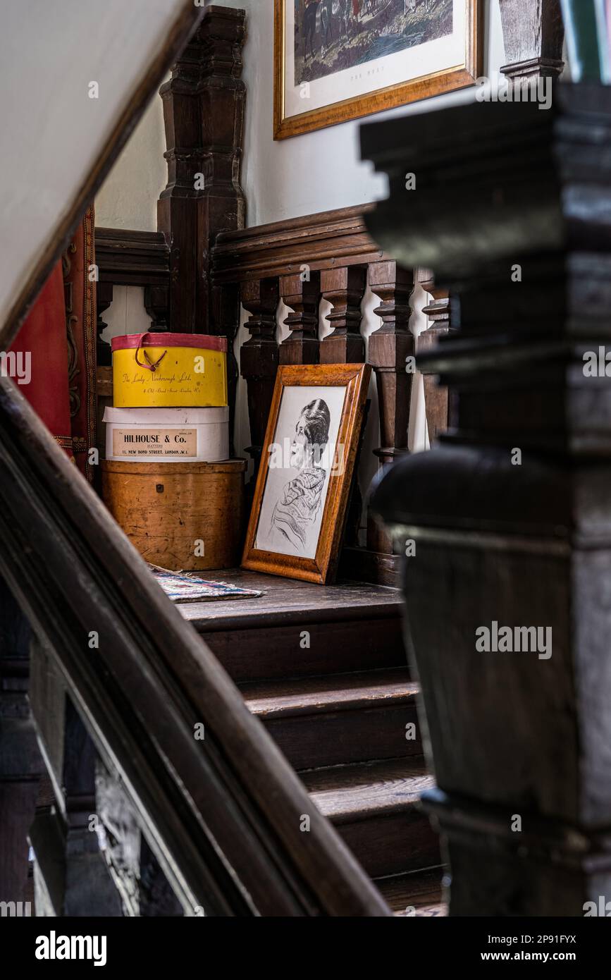 Original staircase with hat boxes and prints in Wiveton Hall 17th ...