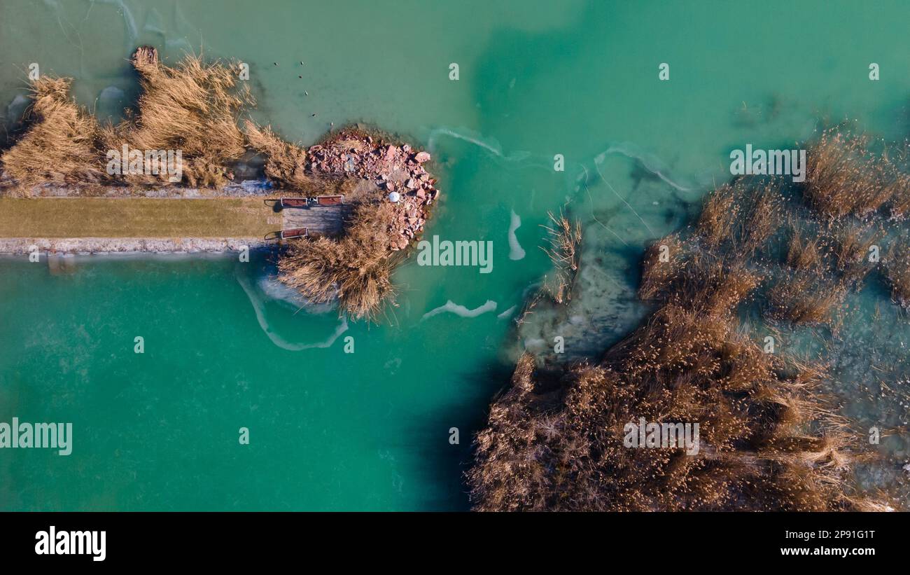Aerial view of the lake Balaton in Hungary. Reeds in the water. Top ...