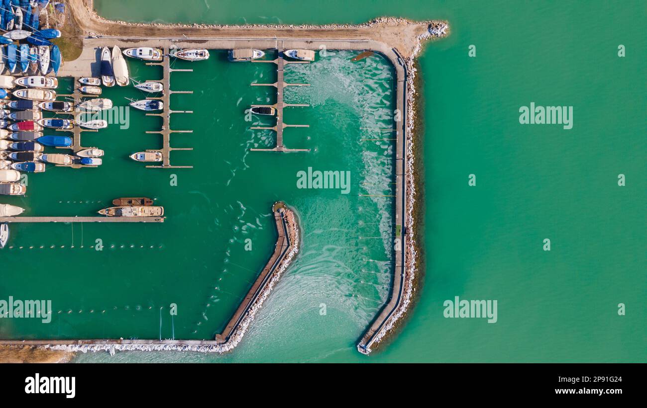 Top down view over a boat port in Balaton lake, Hungary. Top view of ...