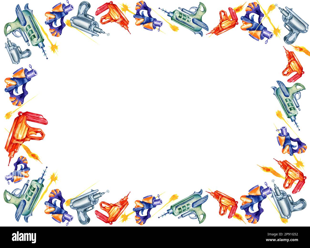 watercolour border with toy guns, fantastic weapons, space pistols ...