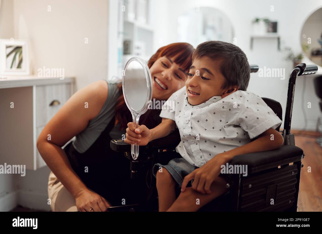 Woman, child with disability and mirror in salon for self love happy ...