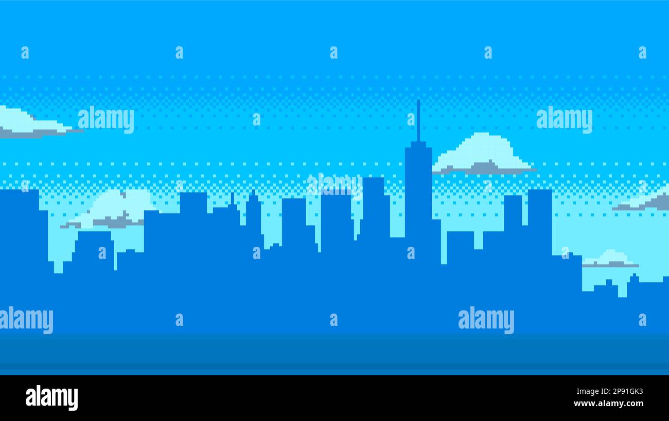 Pixel art game background with city silhouette and clouds. Vector ...