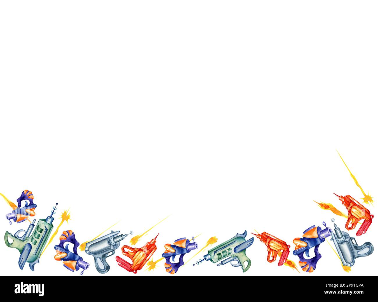 watercolour border with toy guns, fantastic weapons, space pistols ...