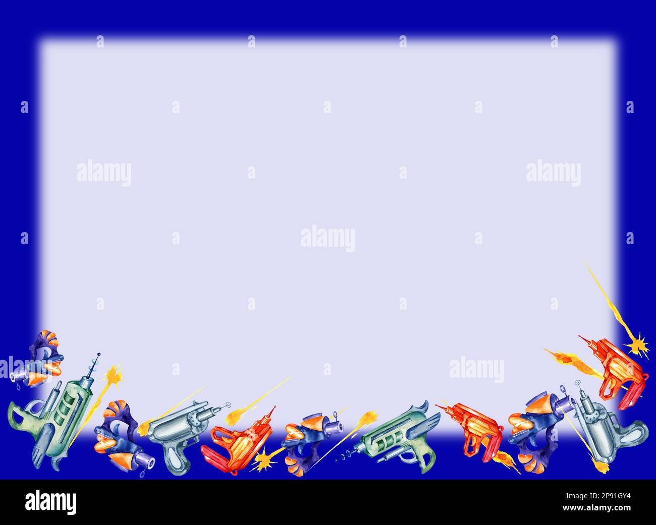 watercolour border with toy guns, fantastic weapons, space pistols ...