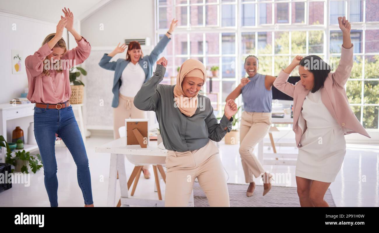 Success, dance and office celebration by business people celebrating ...