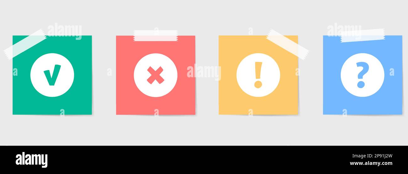 Set of different colored sheets of note papers with check, cross ...