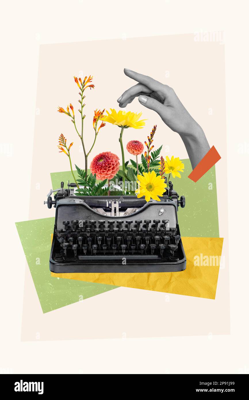 Collage 3d image of pinup pop retro sketch of arm writing old typing ...