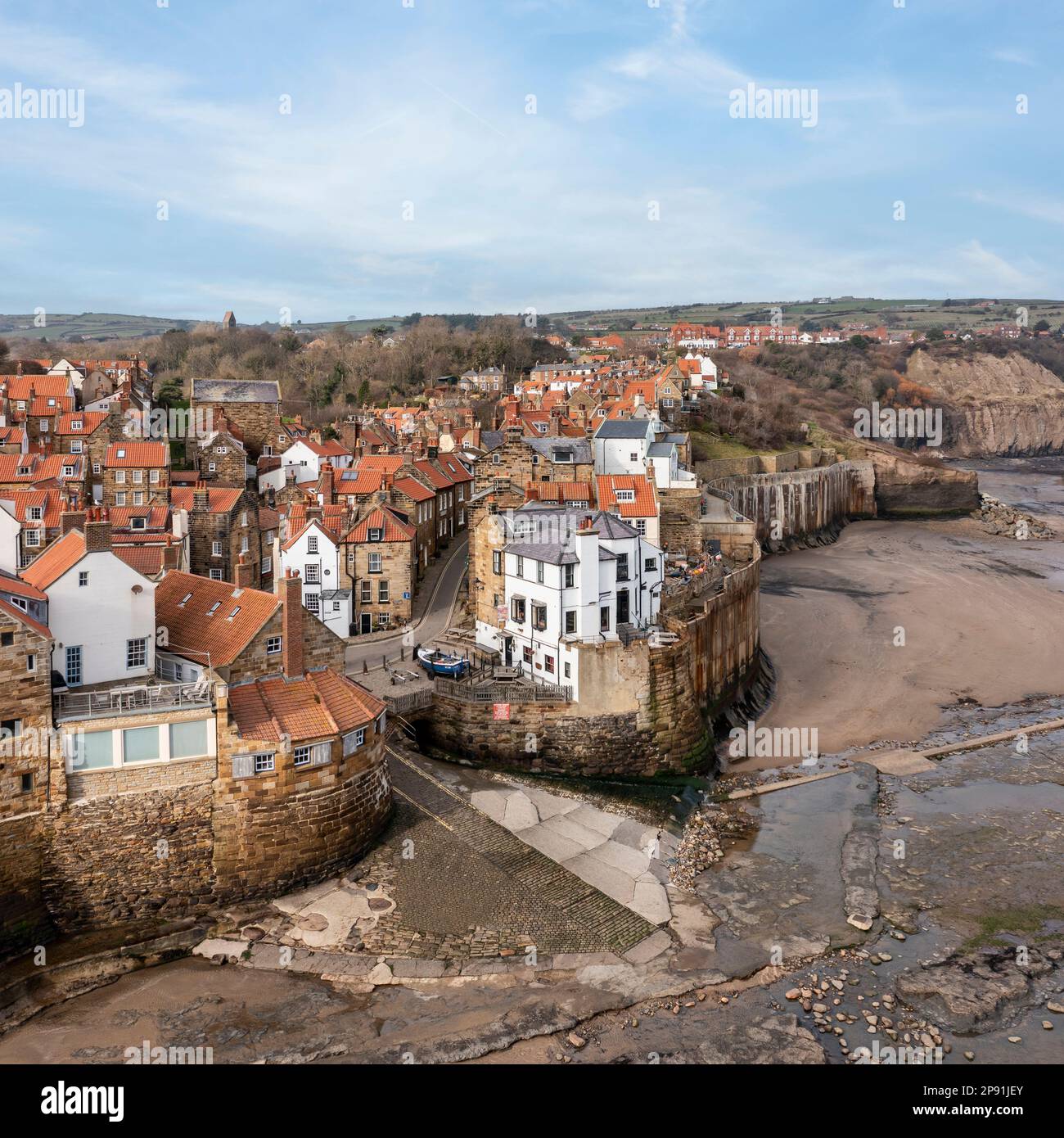 robin hoods bay near whitby north yorkshire elevated view sunny day low ...