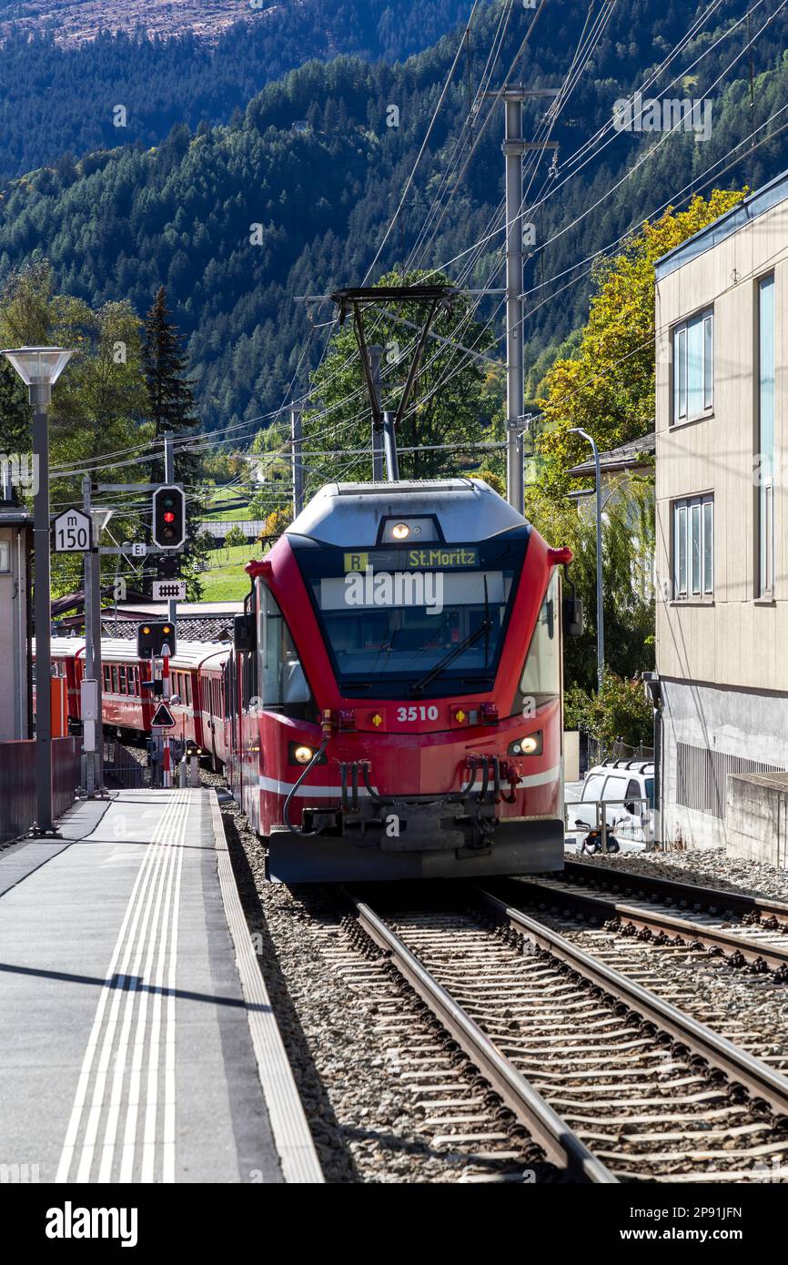 bernina express mountain railway train entering poschiavo station Stock ...