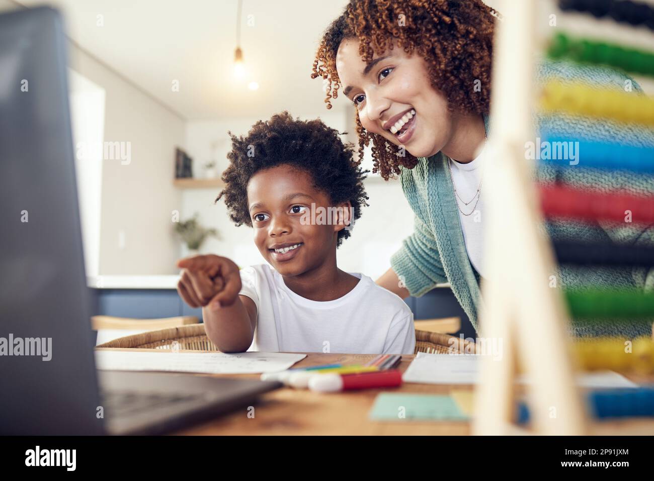 Black family, mother and kid with laptop for elearning, online ...