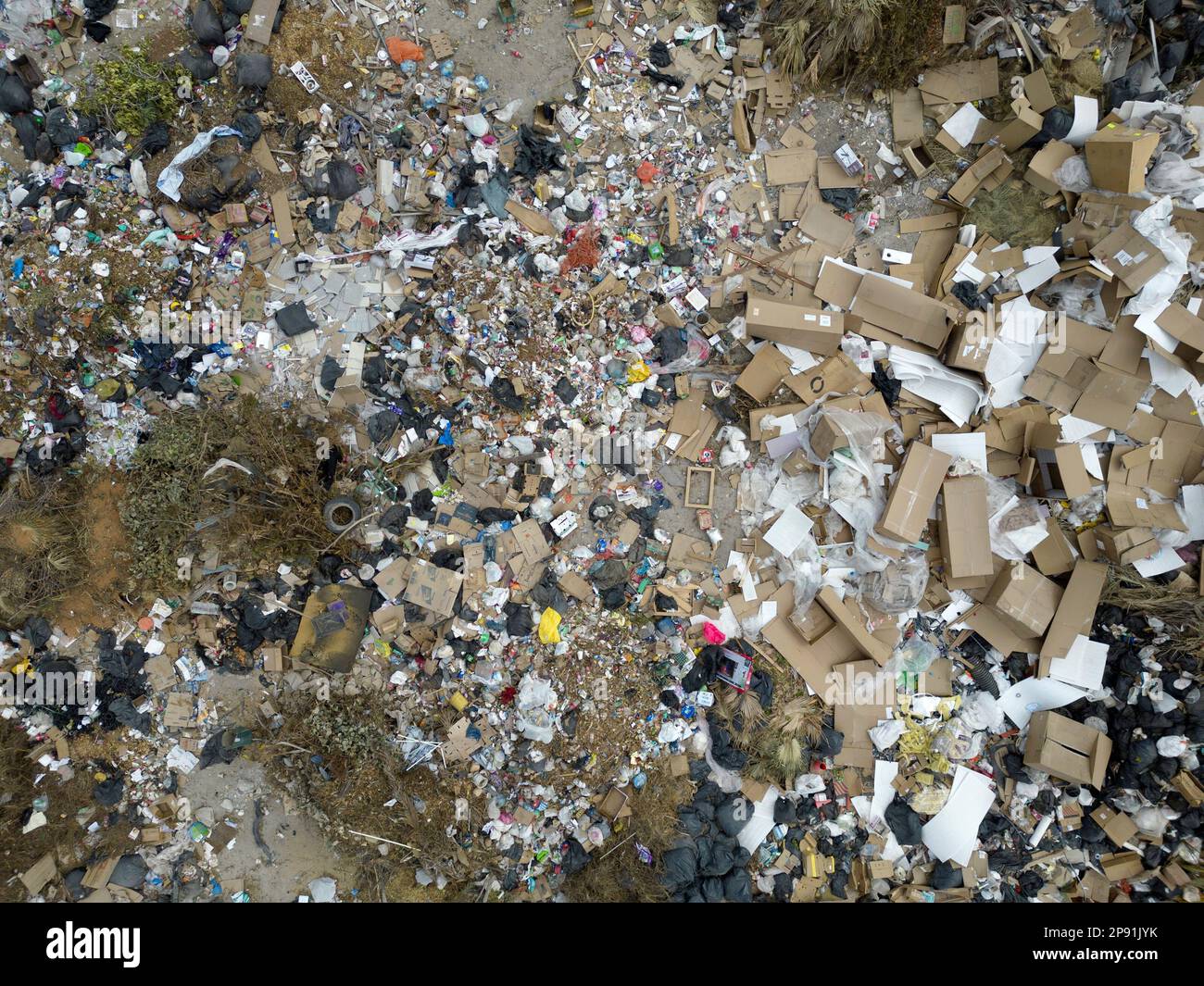 A Drone Aerial top view large garbage pile, Garbage pile in trash dump ...