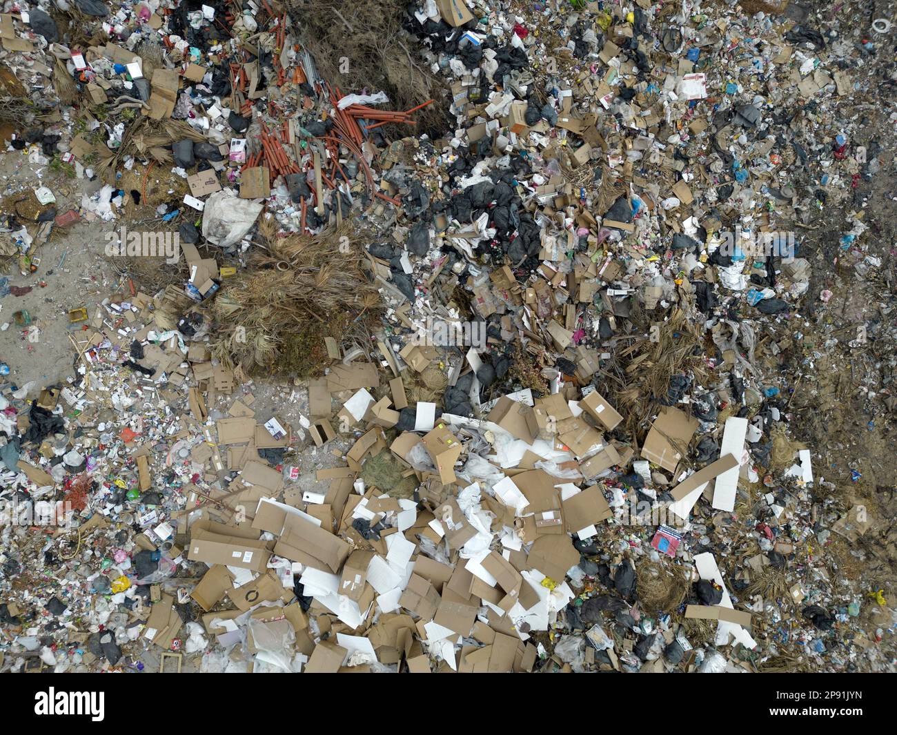 A Drone Aerial top view large garbage pile, Garbage pile in trash dump ...