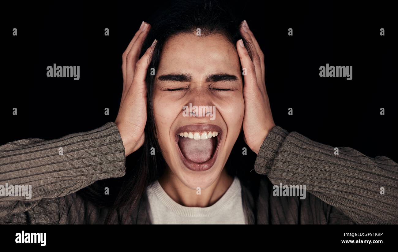 Frustrated, scream and stress, black woman with face and anxiety ...