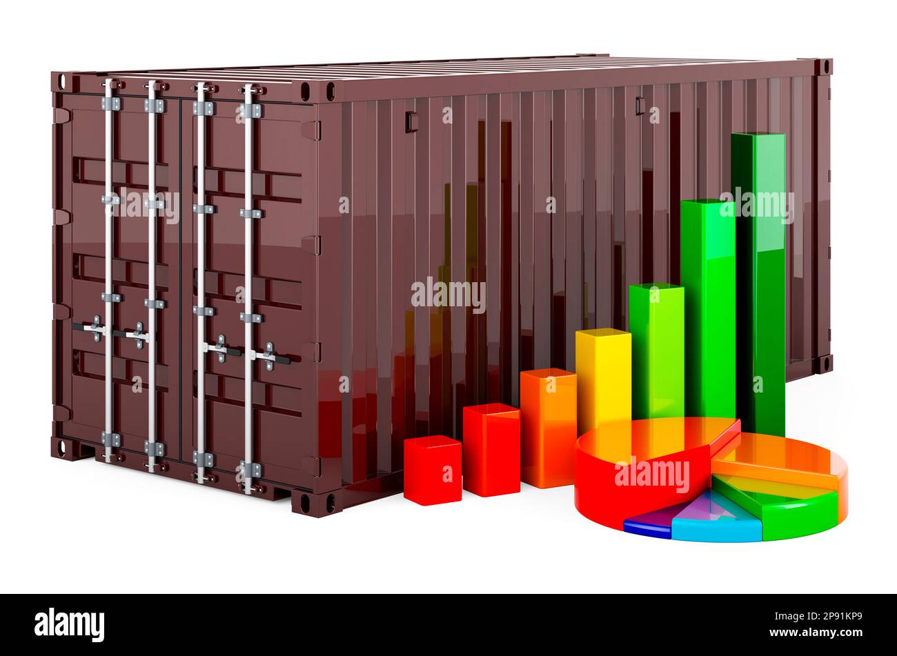 Green cargo container with growth bar graph and pie chart. 3D rendering isolated on white ...