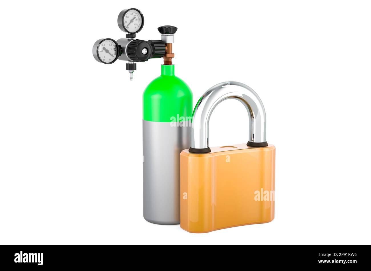 Oxygen tank, gas cylinder with padlock, 3D rendering isolated on white ...