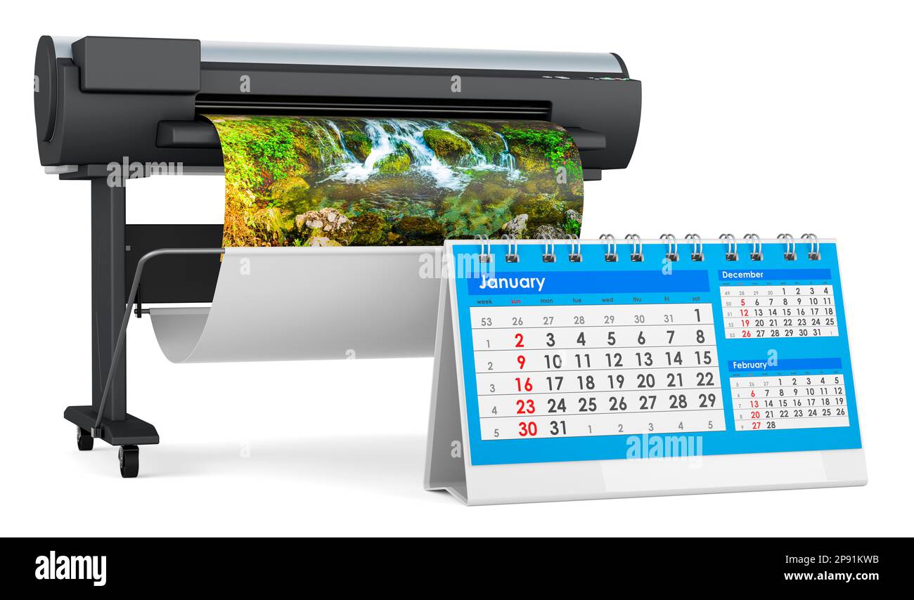Plotter, large format inkjet printer with desk calendar, 3D rendering ...