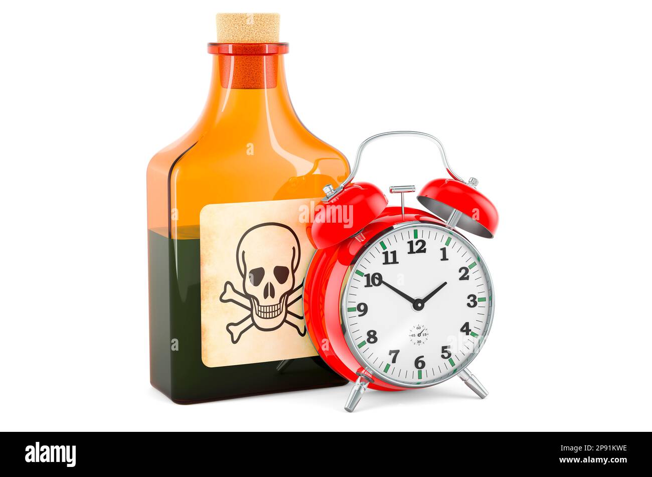 Poison bottle with cork with alarm clock, 3D rendering isolated on ...