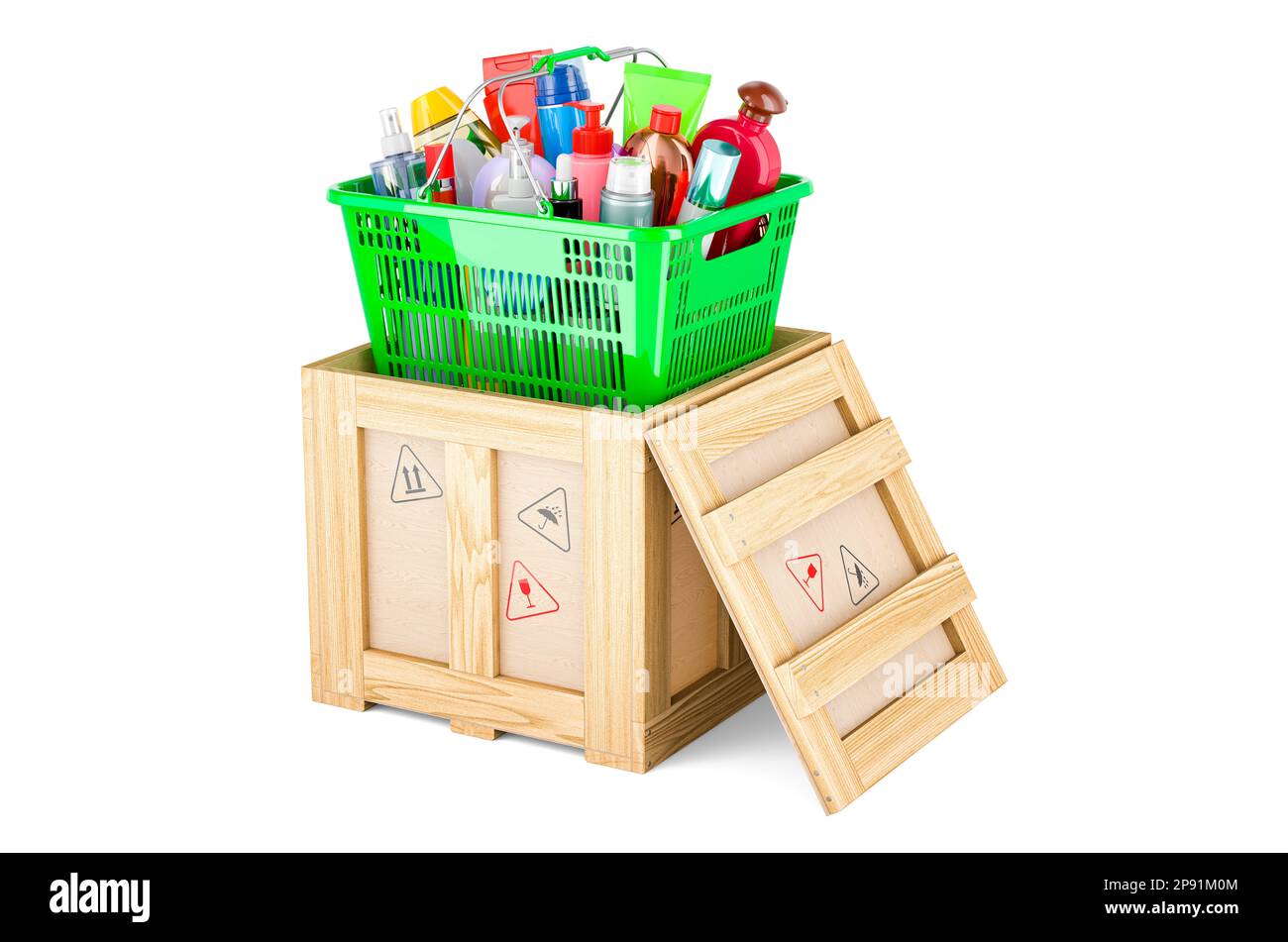 Shopping basket with cosmetic products inside wooden box, delivery ...