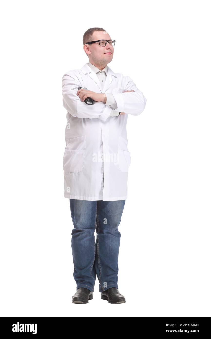 Smiling male doctor in scrubs with a stethoscope around his neck and ...