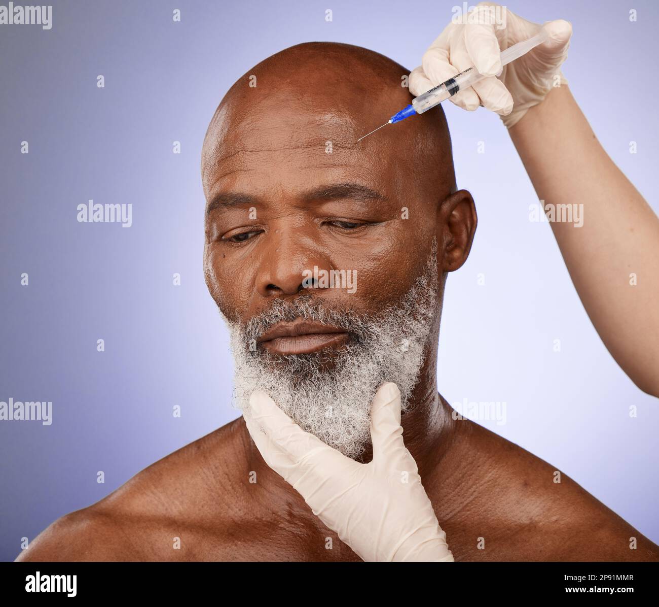 Face, senior black man and botox injection in studio isolated on a ...