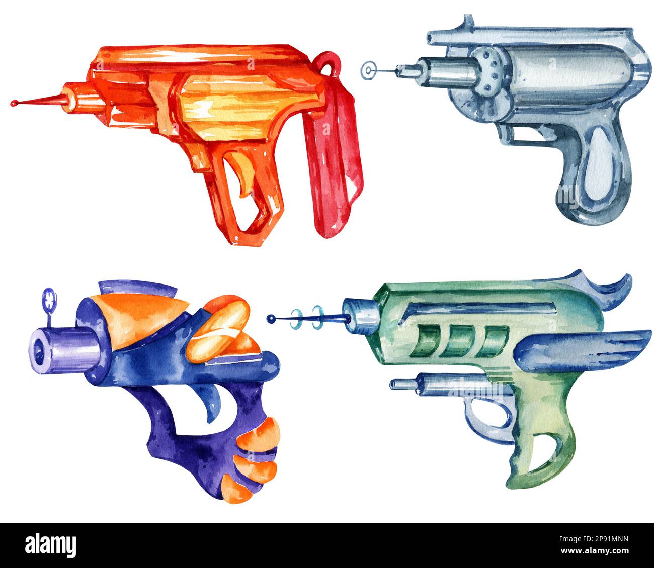 watercolour hand draw illustration, fantastic weapons, space pistols ...