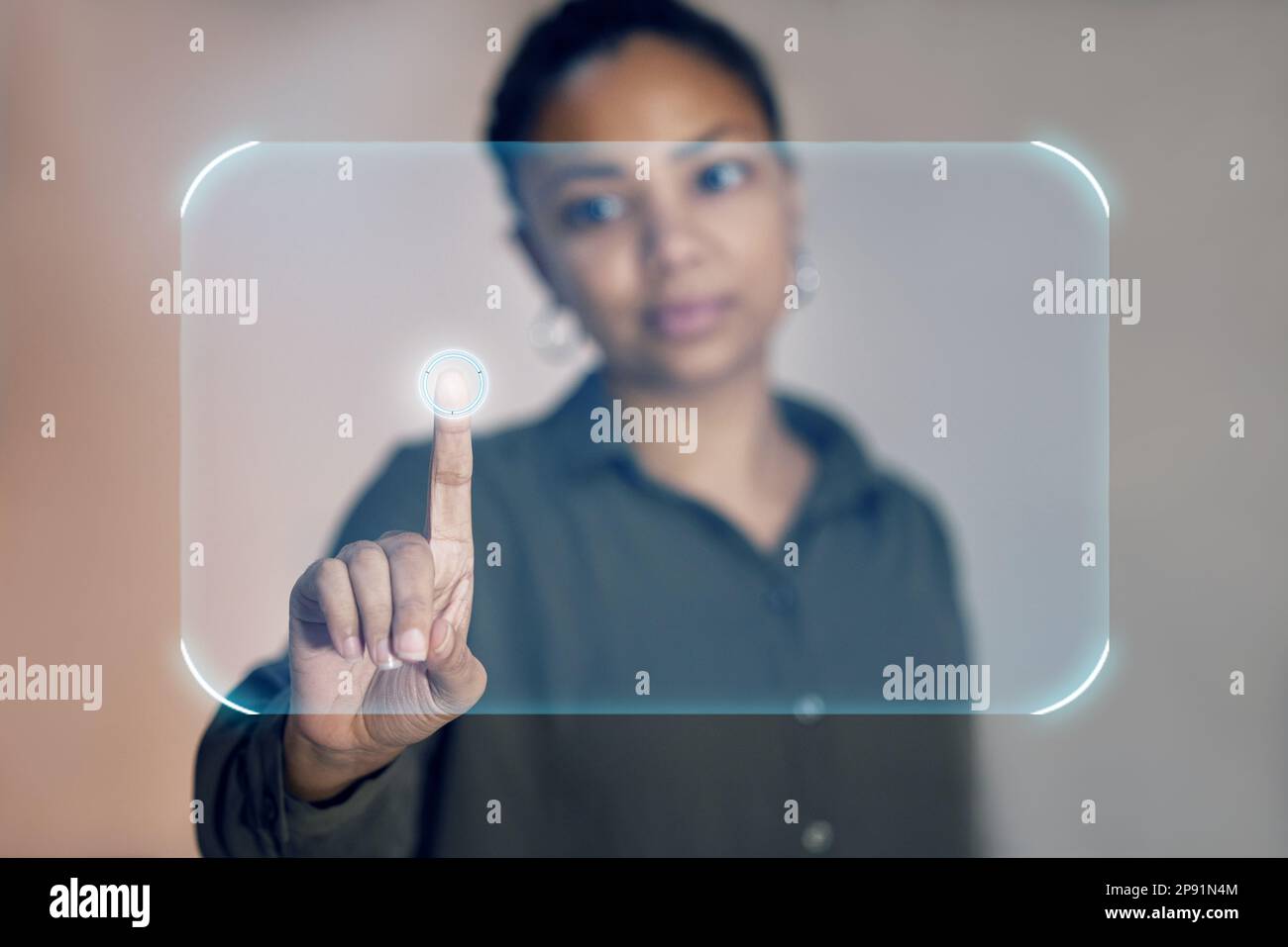 Futuristic, hologram and black woman with finger on button in future ...