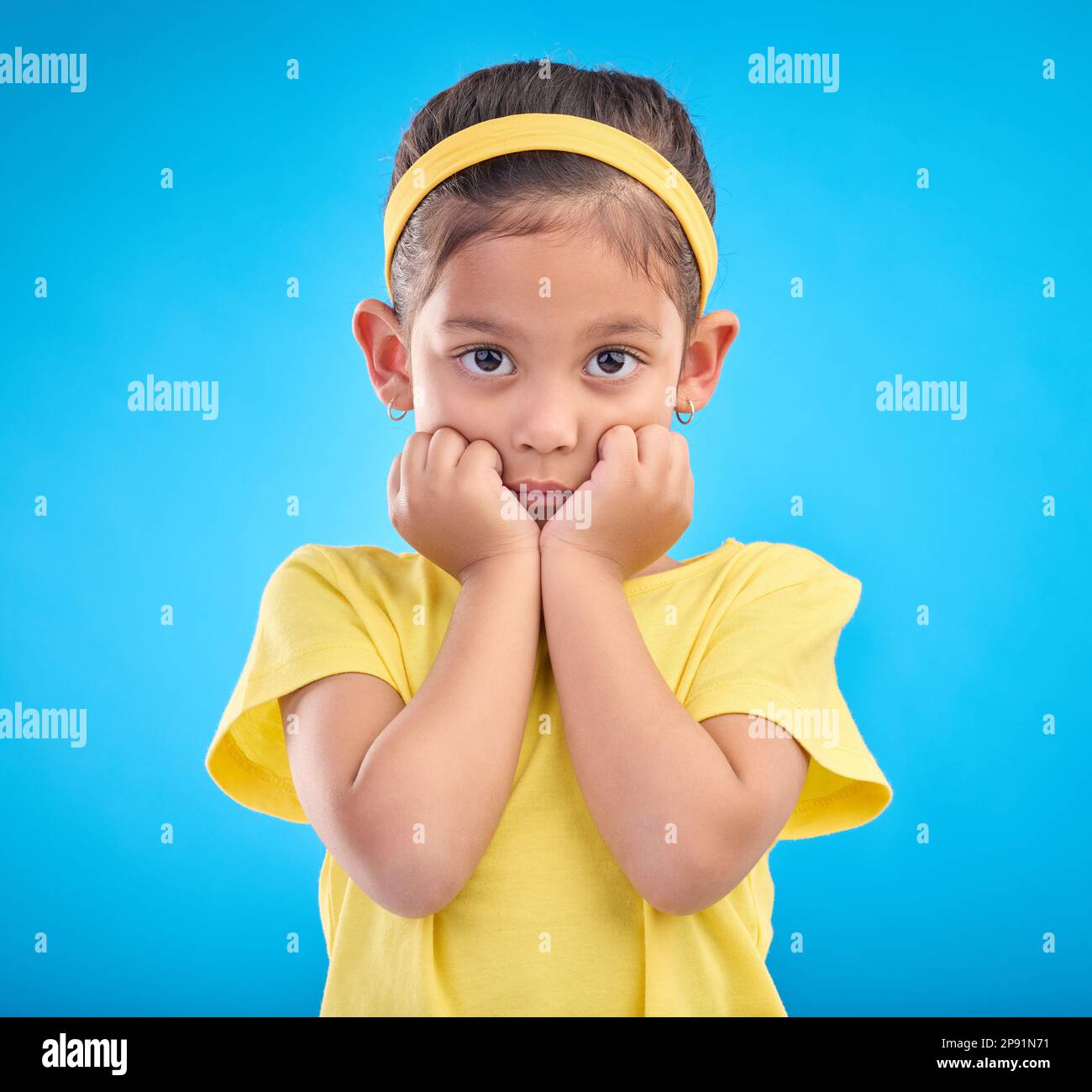 Mockup, portrait and girl nervous, scared and overwhelmed against a ...