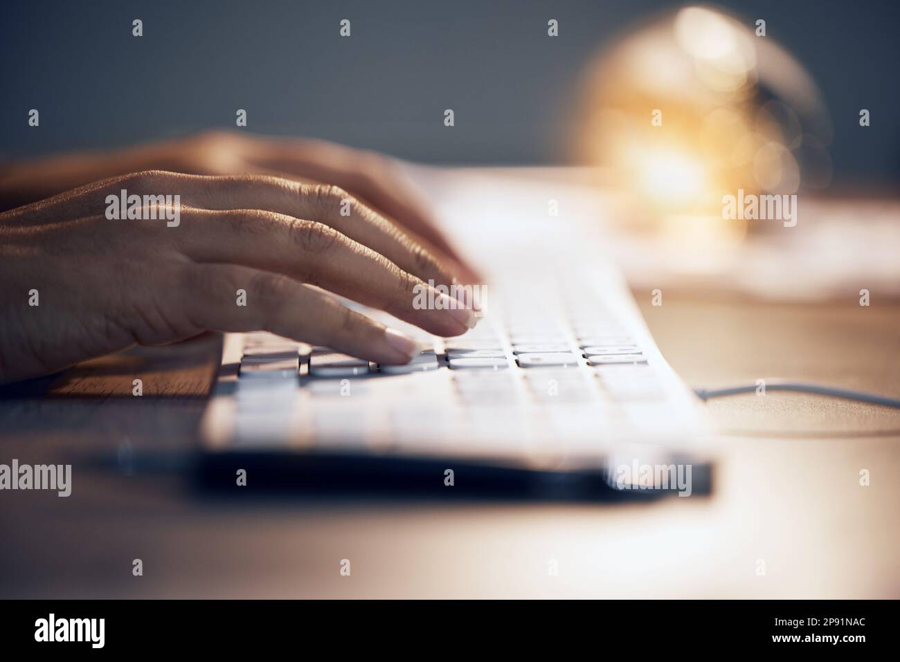 Computer keyboard, hands and office woman typing online data analysis ...