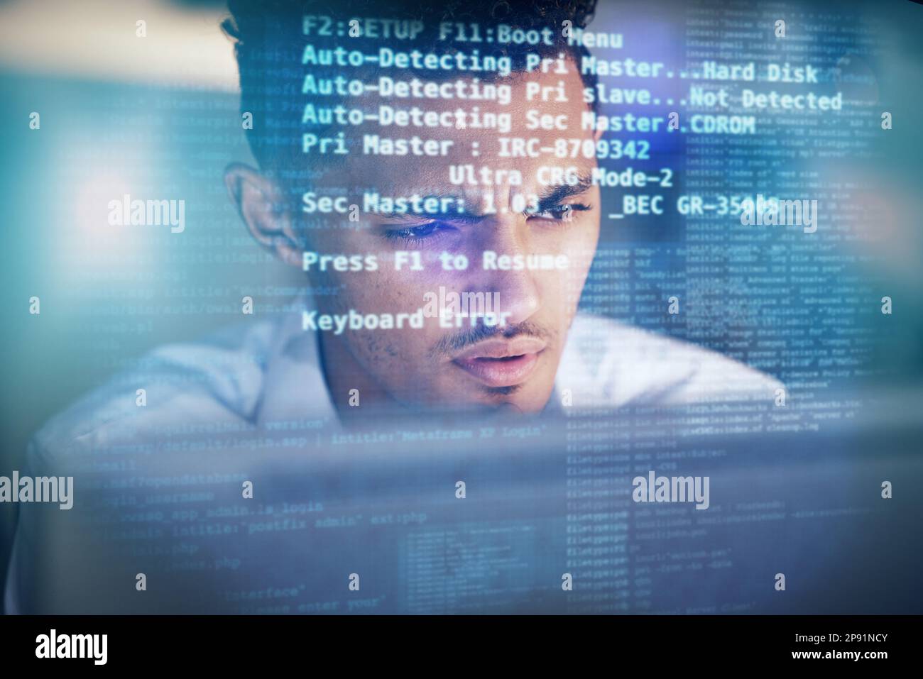 Computer hologram, night and man programming software server overlay or future cybersecurity ...