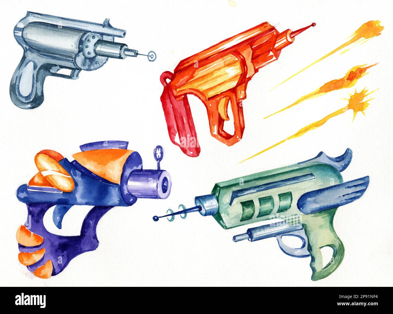 set of watercolour fantastic weapons and fire, space pistols, blasters ...