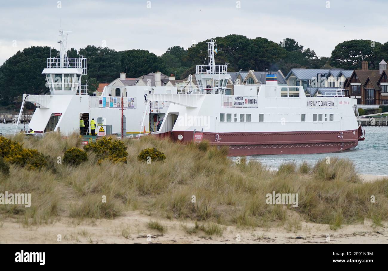 General view of the Sandbanks chain ferry in Studland, Dorset. Picture ...
