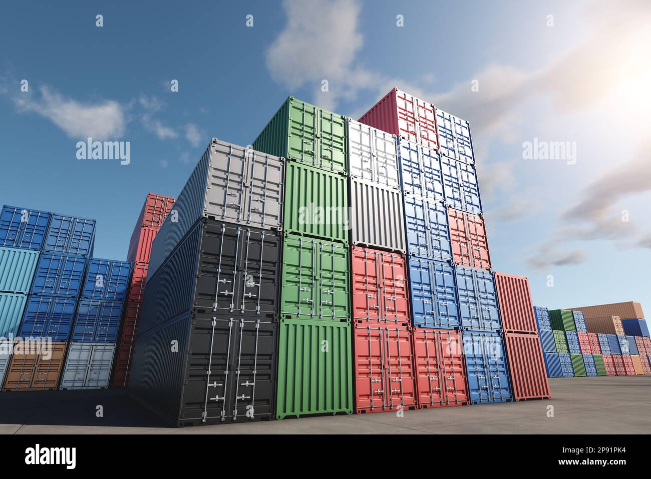 Warehouse of stacked cargo standard containers for temporary storage ...