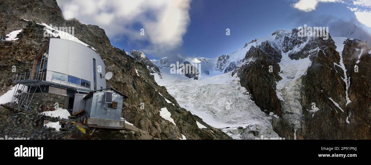 View of the Gonella refuge, the Miage glacier and the Monte Bianco ...