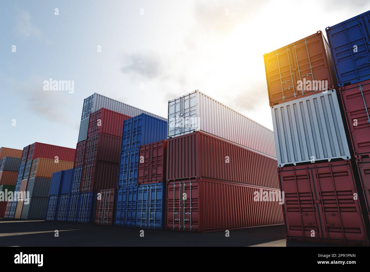 Warehouse of stacked cargo standard containers for temporary storage ...