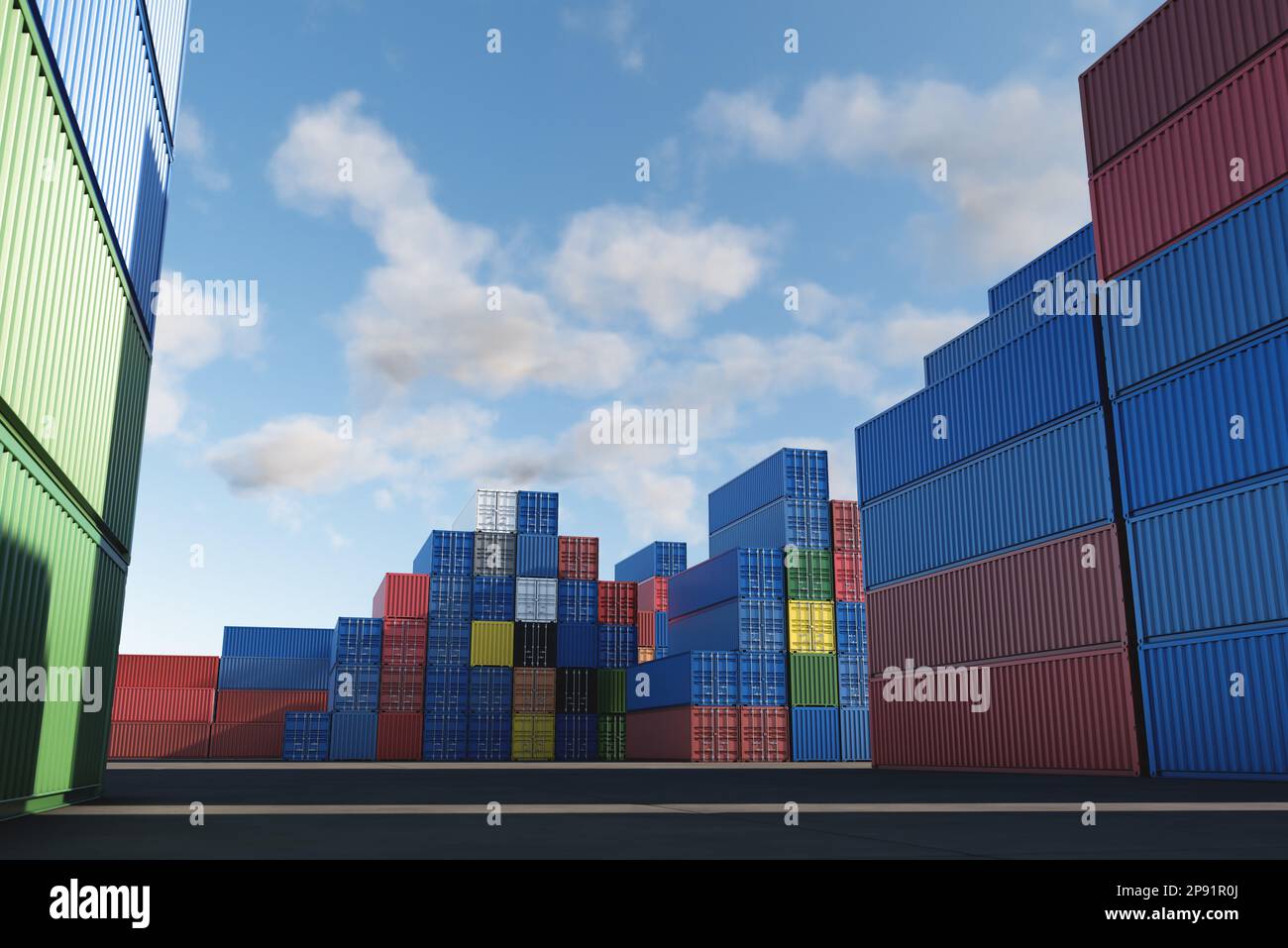 Warehouse of stacked cargo standard containers for temporary storage ...